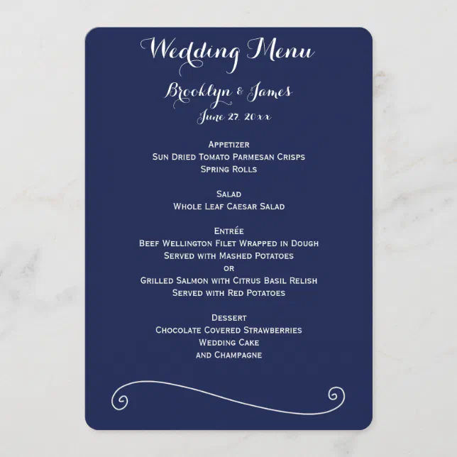 Elegant Navy Blue And White Wedding Menu | Zazzle