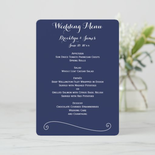 Elegant Navy Blue And White Wedding Menu | Zazzle