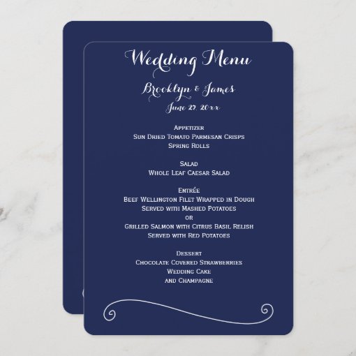 Elegant Navy Blue And White Wedding Menu | Zazzle