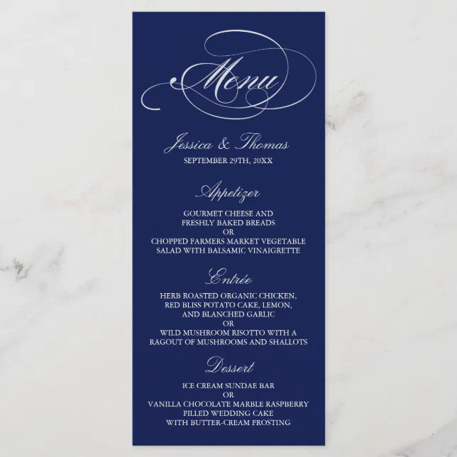 Elegant Navy Blue And White Wedding Menu Templates | Zazzle