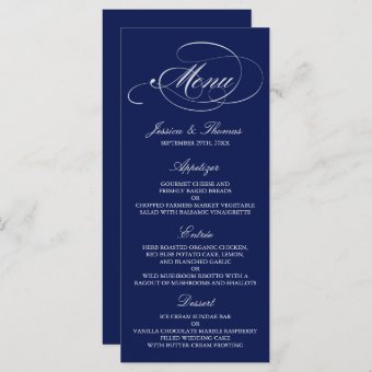 Elegant Navy Blue And White Wedding Menu Templates | Zazzle