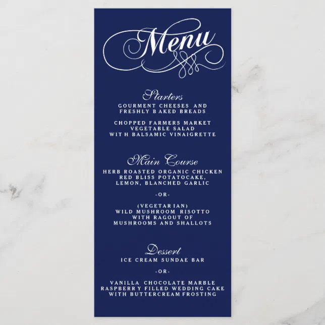 Elegant Navy Blue And White Wedding Menu Templates | Zazzle