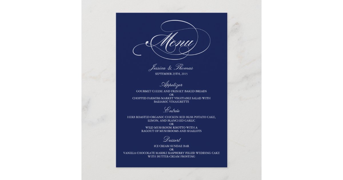 Elegant Navy Blue And White Wedding Menu Templates | Zazzle.com
