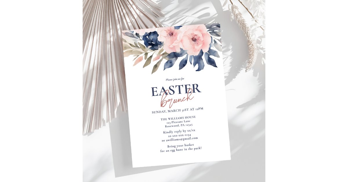 Elegant Navy Blue Blush Pink Floral Easter Brunch Invitation | Zazzle
