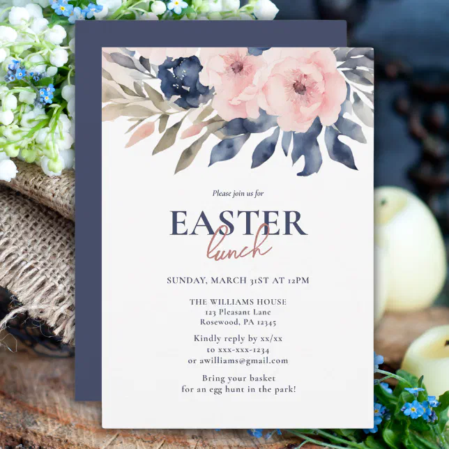 Elegant Navy Blue Blush Pink Floral Easter Lunch Invitation | Zazzle