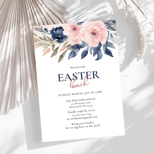 Elegant Navy Blue Blush Pink Floral Easter Lunch Invitation | Zazzle