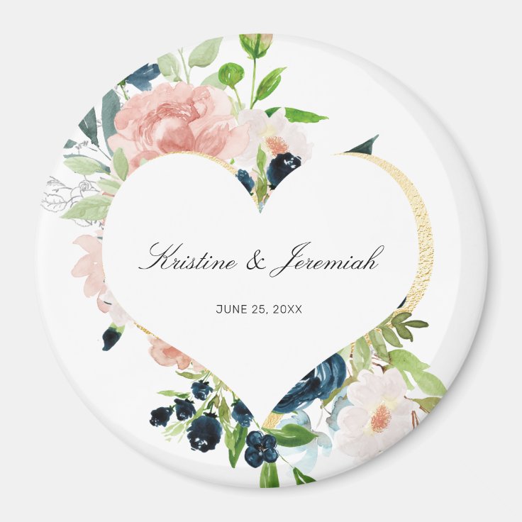 Elegant Navy Blue Blush Rose Floral Heart Wedding Magnet | Zazzle