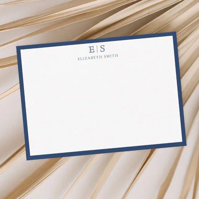 Elegant Navy Blue Border Monogram Note Card | Zazzle