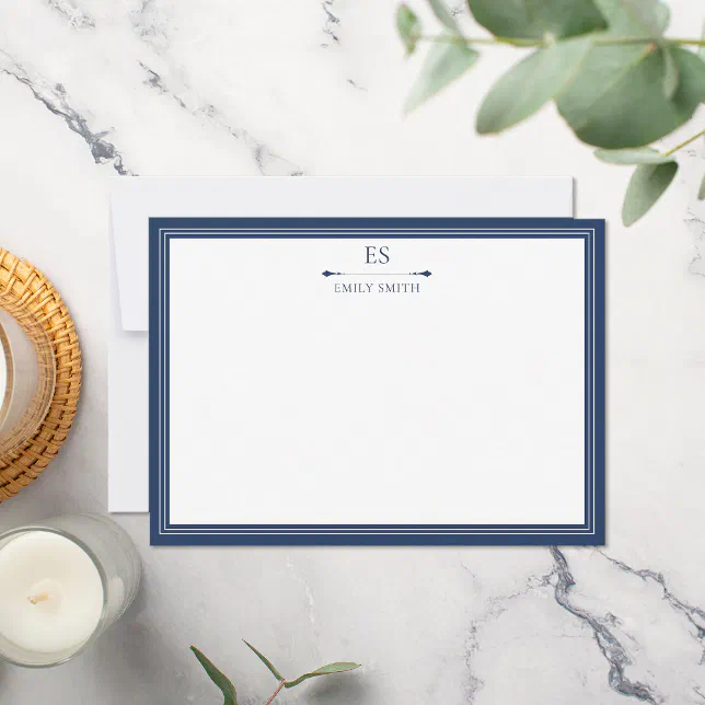 Elegant Navy Blue Border Monogram Note Card | Zazzle
