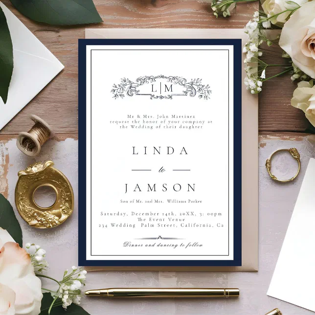Elegant Navy Blue botanical crest monogram wedding Invitation | Zazzle