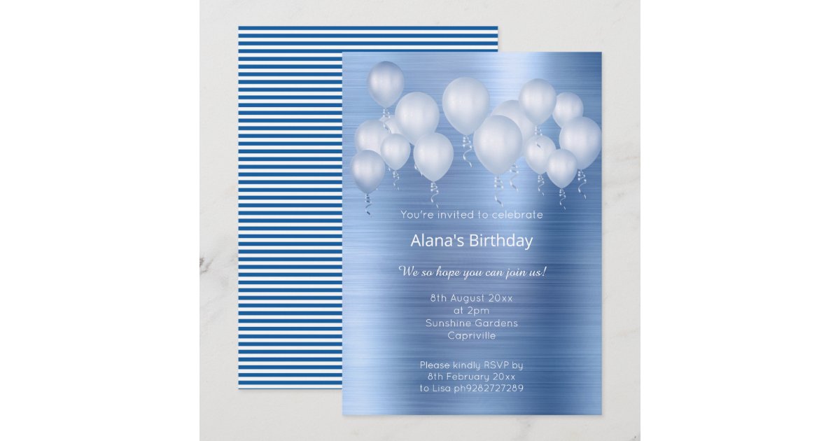 ELEGANT NAVY BLUE BRUSHED METAL BALOON BIRTHDAY INVITATION | Zazzle