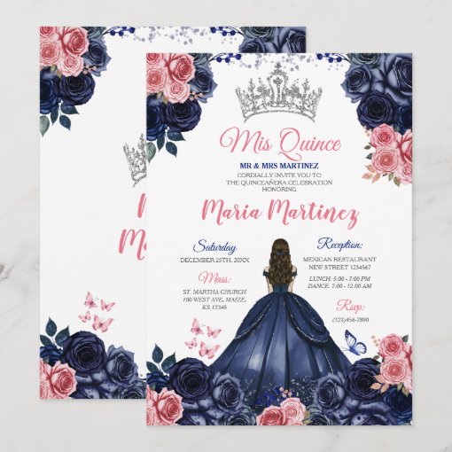 Elegant Navy Blue Butterfly Pink Floral Mis Quince Invitation | Zazzle