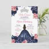 Elegant Navy Blue Butterfly Pink Floral Mis Quince Invitation | Zazzle