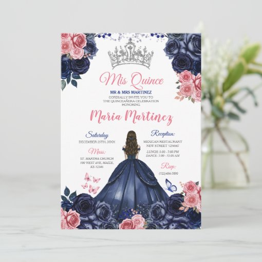Elegant Navy Blue Butterfly Pink Floral Mis Quince Invitation | Zazzle
