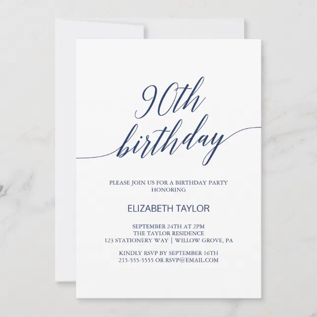 Elegant Navy Blue Calligraphy 90th Birthday Invitation | Zazzle