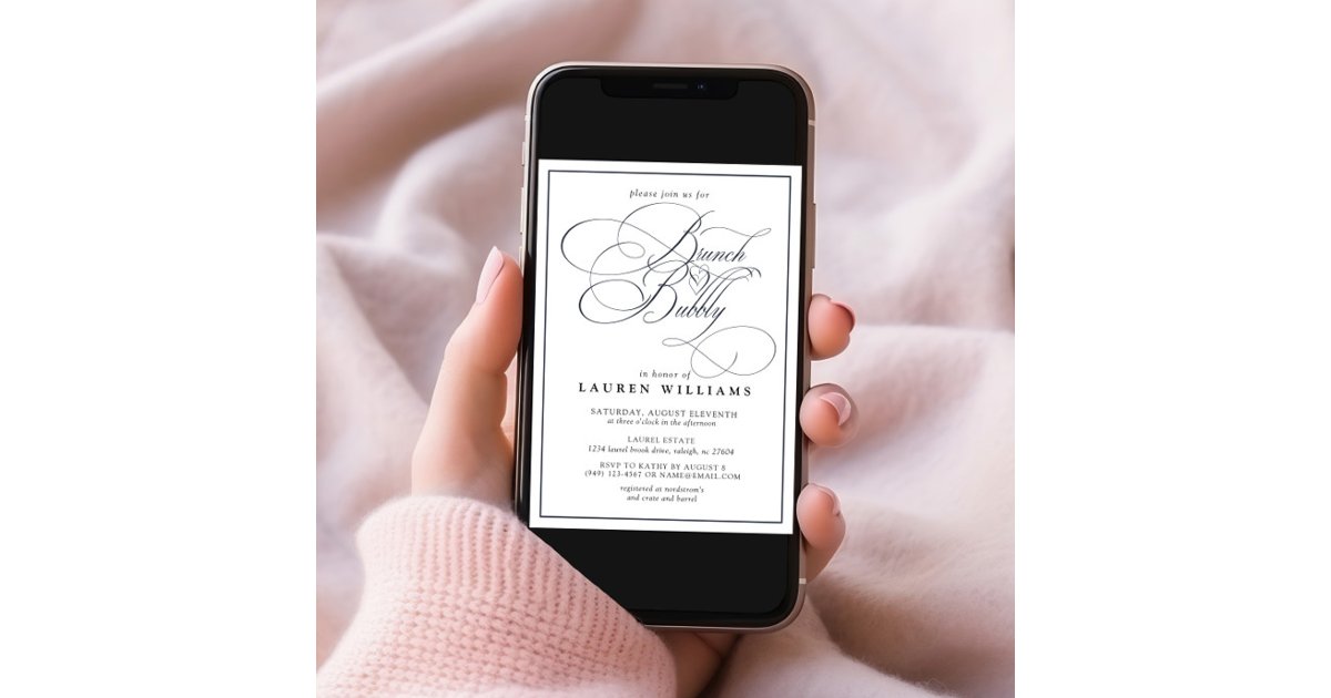 Elegant Navy Blue Calligraphy Brunch & Bubbly Invitation | Zazzle