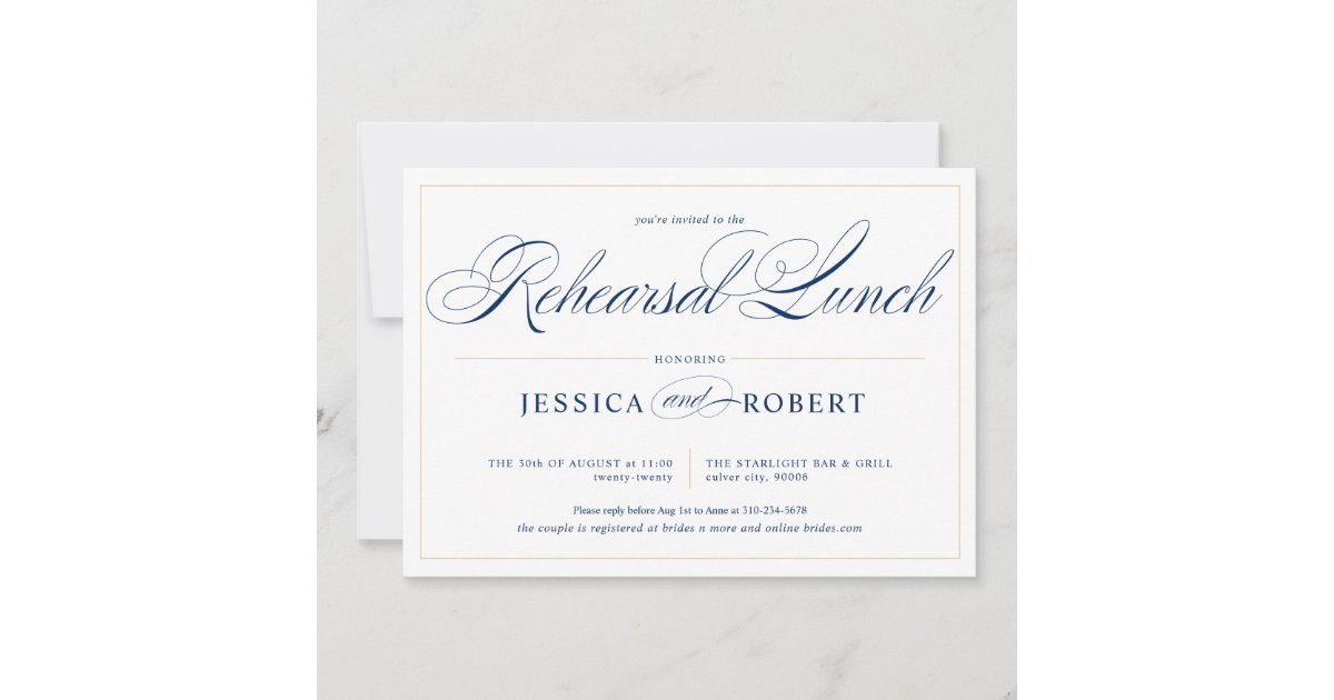 Elegant Navy Blue Calligraphy Rehearsal Lunch Invitation | Zazzle