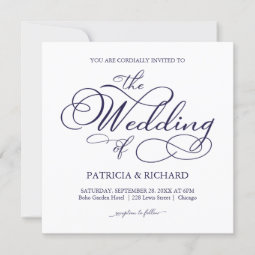 Elegant Navy Blue Calligraphy Wedding Invitation | Zazzle