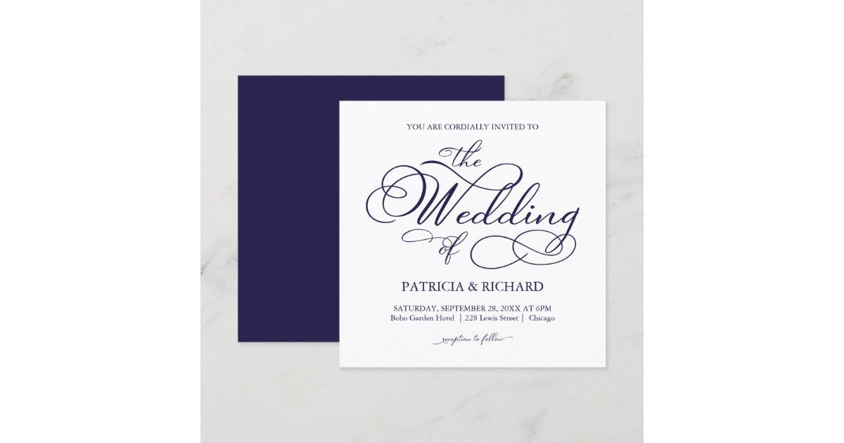Elegant Navy Blue Calligraphy Wedding Invitation | Zazzle