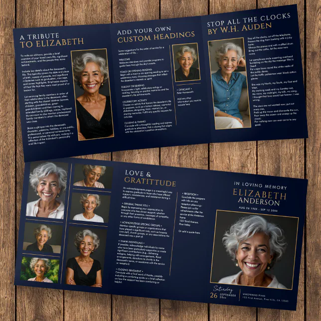 Elegant Navy Blue Celebration of Life Service Tri-Fold Program | Zazzle