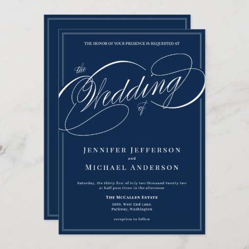 Elegant Navy Blue Classic Calligraphy Wedding Invitation | Zazzle