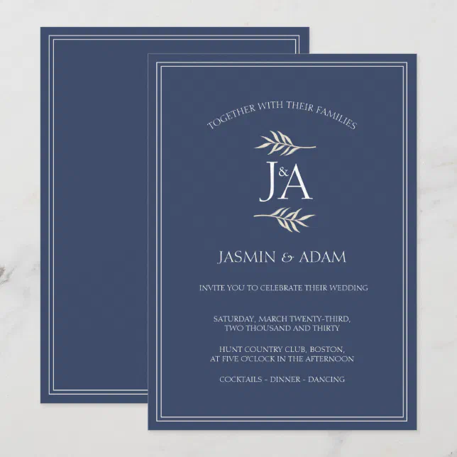 Elegant Navy Blue Classic Initials Wedding Invitation | Zazzle