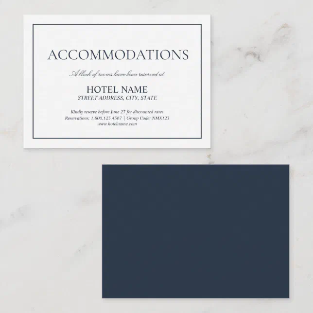 Elegant Navy Blue Classic Script Accommodations Enclosure Card | Zazzle