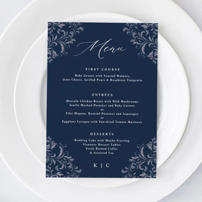 Elegant Navy Blue Classic Vintage Wedding Menu | Zazzle