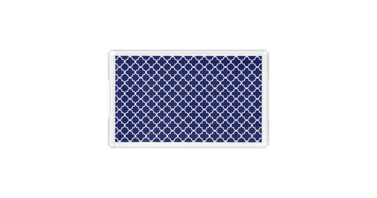 Elegant Navy Blue Clover Trellis Pattern Acrylic Tray | Zazzle