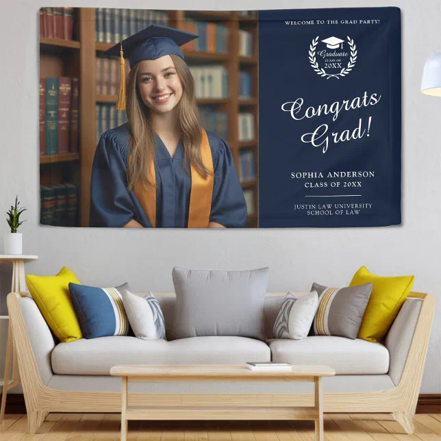 Elegant Navy Blue Congratulations Graduate Photo Banner | Zazzle