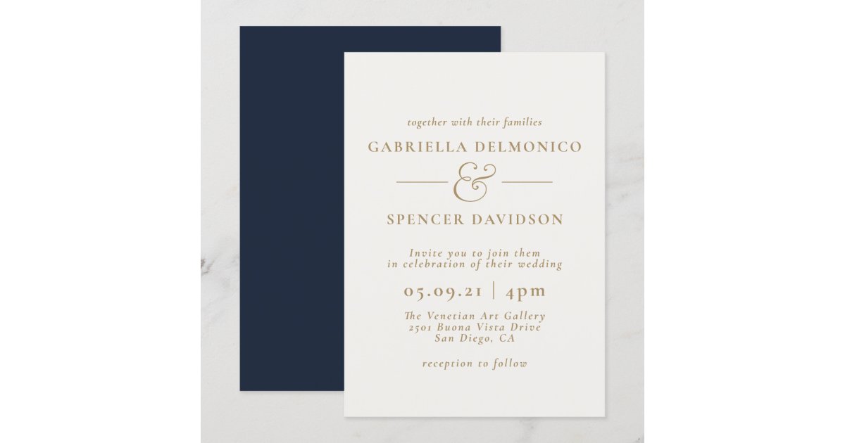 Elegant Navy Blue Cream Wedding Invitation | Zazzle