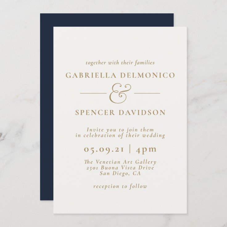 Elegant Navy Blue Cream Wedding Invitation | Zazzle