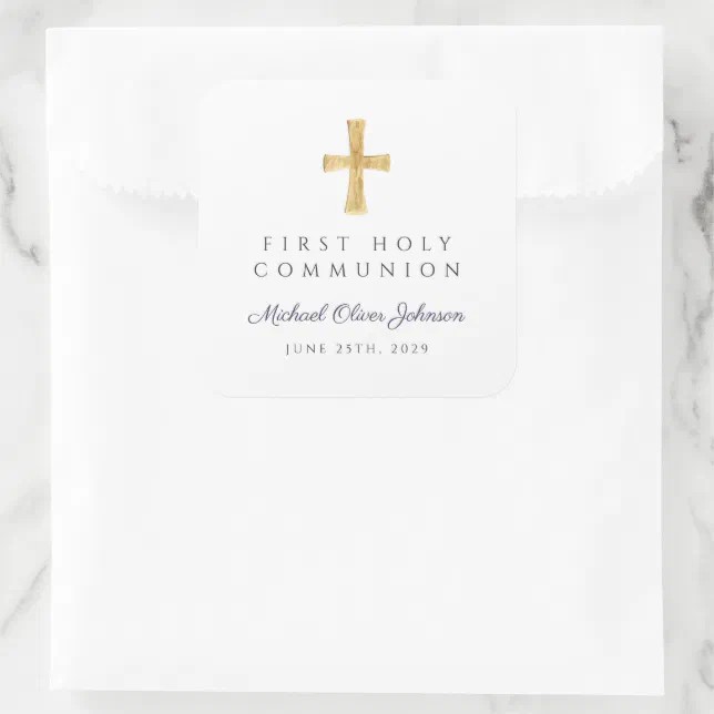 Elegant Navy Blue Cross Boy First Communion Square Sticker | Zazzle