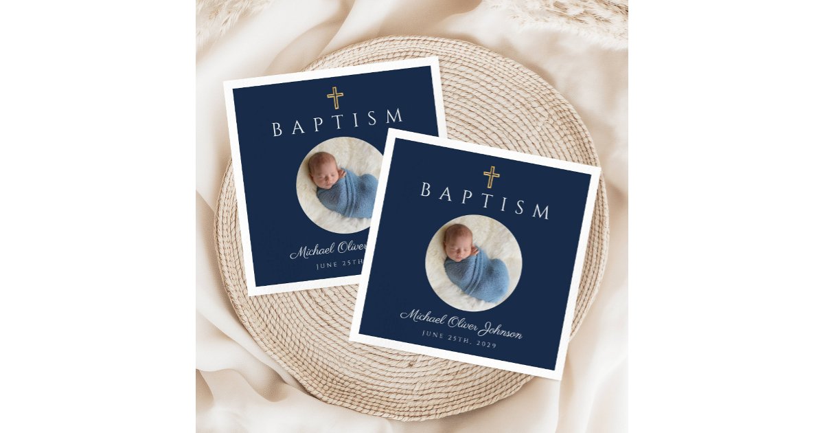 Elegant Navy Blue Cross Photo Boy Baptism Napkins | Zazzle