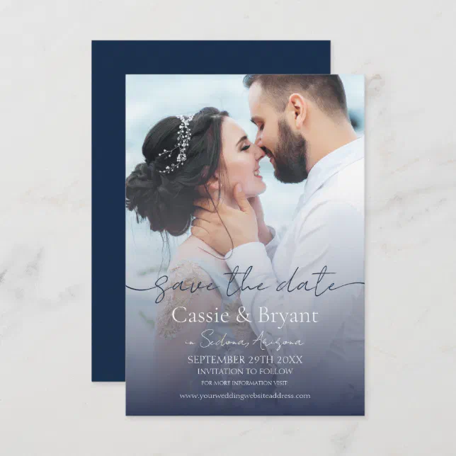 Elegant Navy Blue Fade Photo Wedding Save the Date | Zazzle