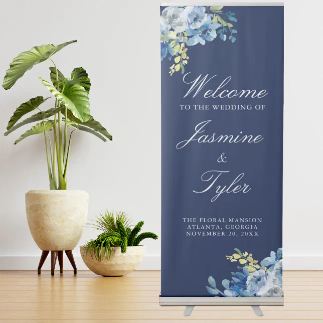Elegant Navy Blue Floral Evening Winter Wedding Retractable Banner | Zazzle