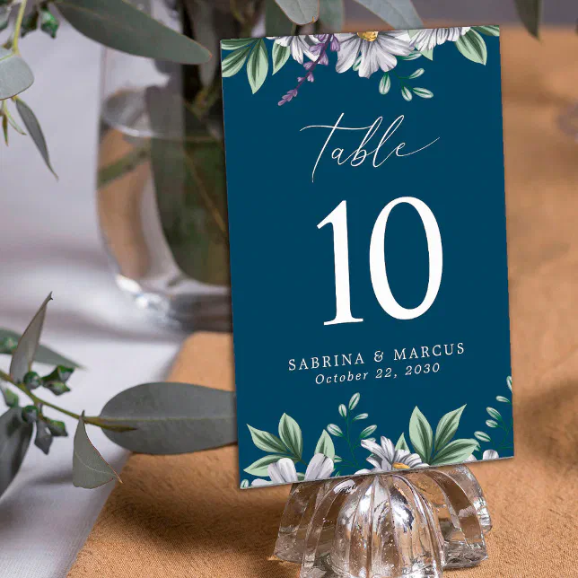 Elegant Navy Blue Floral Foliage Leaves Wedding Table Number | Zazzle