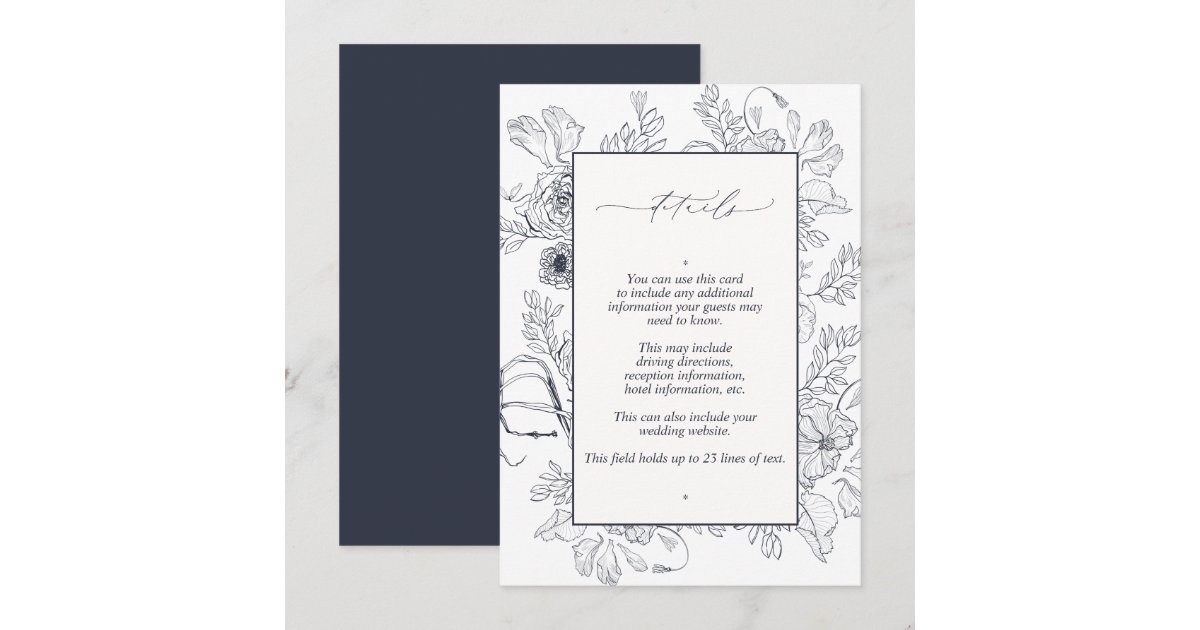 Elegant Navy Blue Floral Line Art Wedding Details Enclosure Card | Zazzle