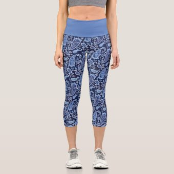 Elegant Navy Blue Floral Paisley Capri Leggings | Zazzle
