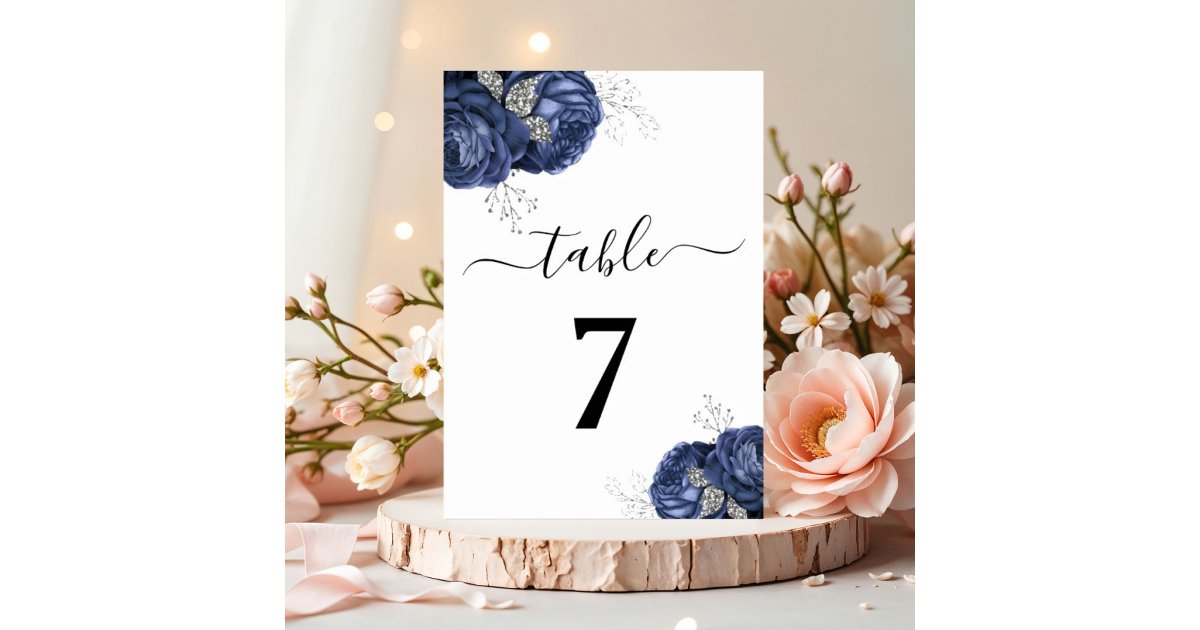 Elegant Navy Blue Floral Table Number | Zazzle