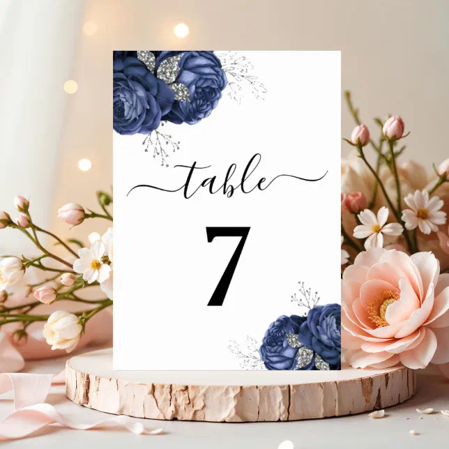 Elegant Navy Blue Floral Table Number | Zazzle
