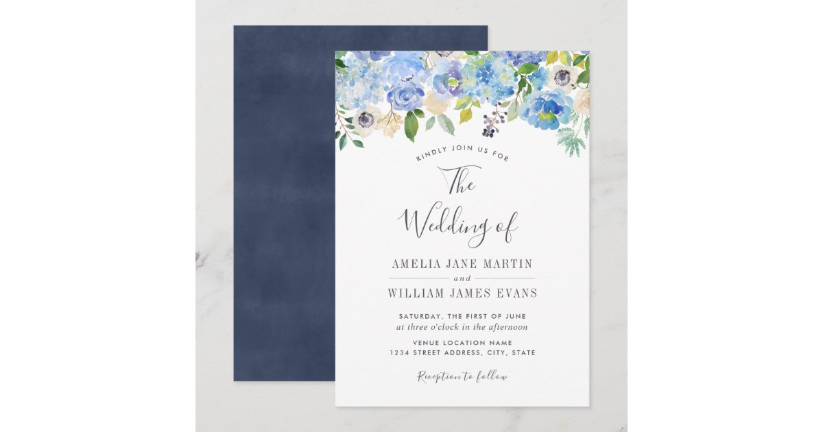 Elegant Navy Blue Floral Wedding Invitation | Zazzle