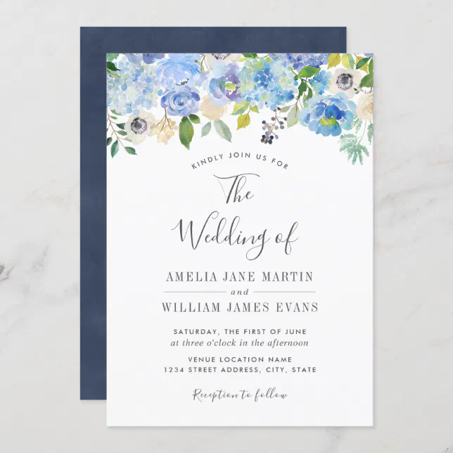 Elegant Navy Blue Floral Wedding Invitation | Zazzle