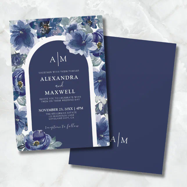 Elegant Navy Blue Floral Wedding Invitation | Zazzle