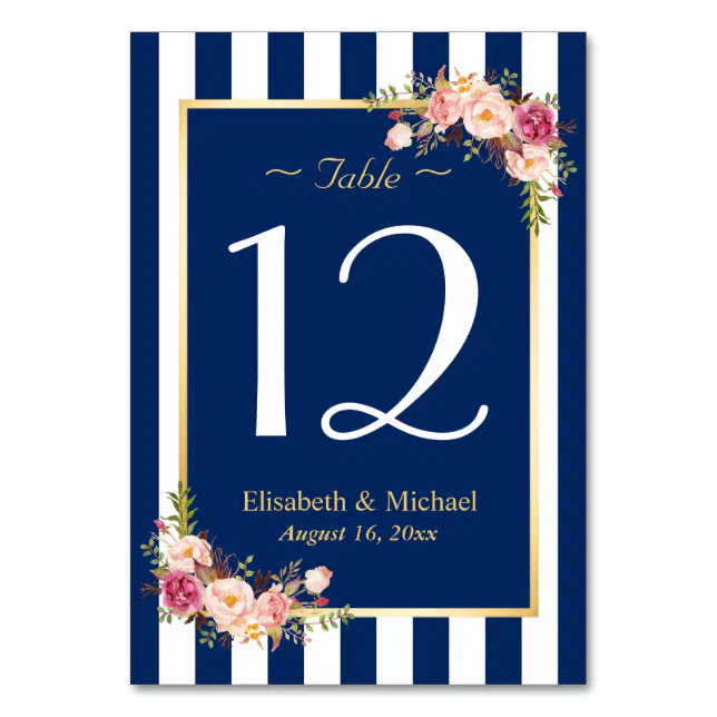 Elegant Navy Blue Floral Wedding Table Number | Zazzle