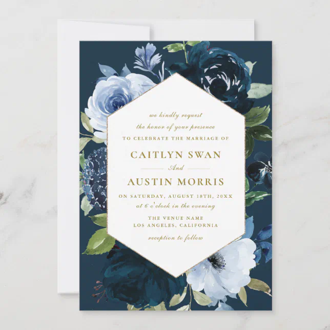 Elegant Navy blue flowers wedding Invitation | Zazzle