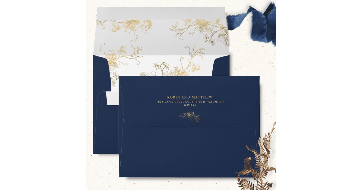 Elegant Navy Blue, Gilded Detail Wedding Envelope | Zazzle
