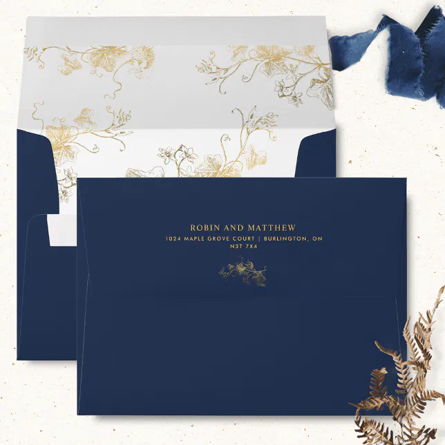 Elegant Navy Blue, Gilded Detail Wedding Envelope | Zazzle