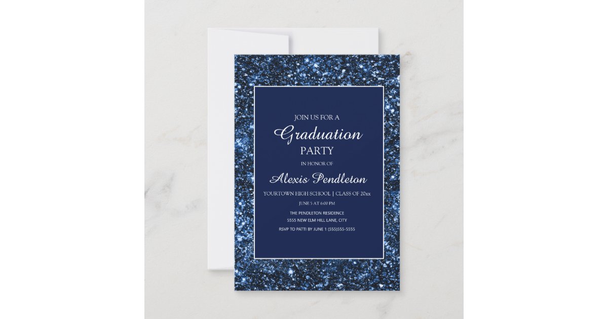 Elegant Navy Blue Glitter Graduation Invitation | Zazzle