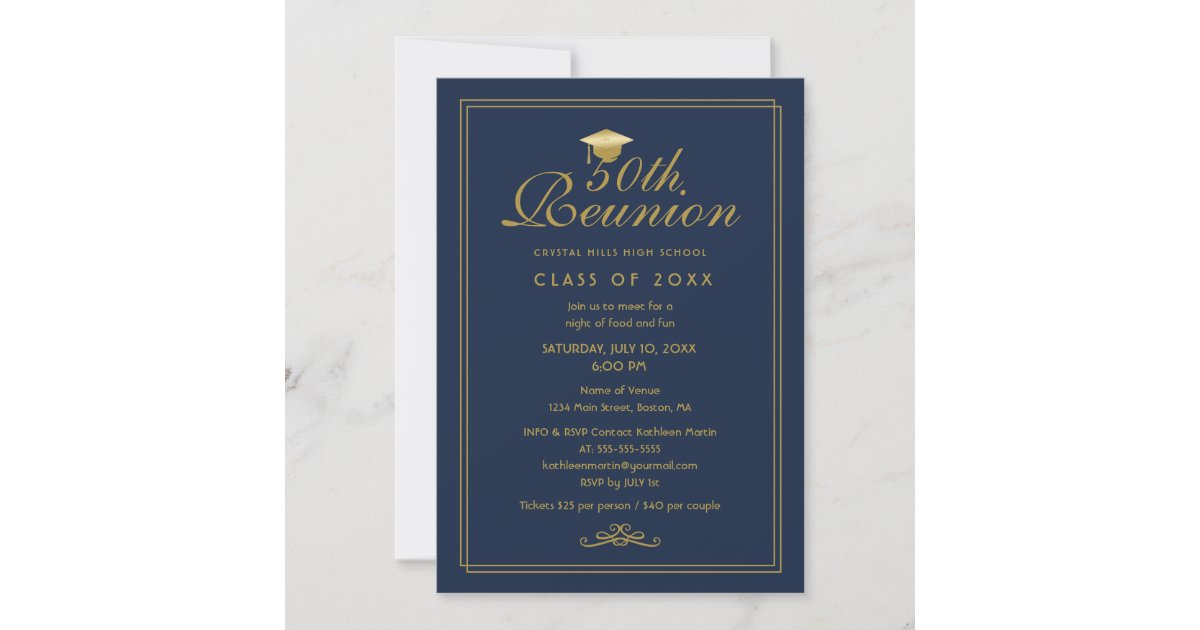 Elegant Navy Blue Gold 50th Class Reunion Invitation | Zazzle